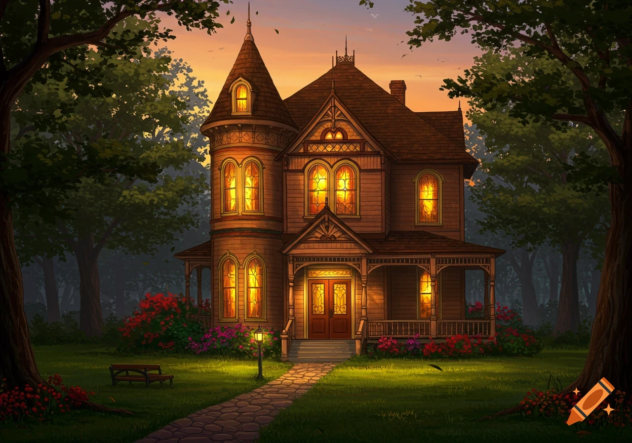 A beautiful two-story stone house with a lush garden, winding ...