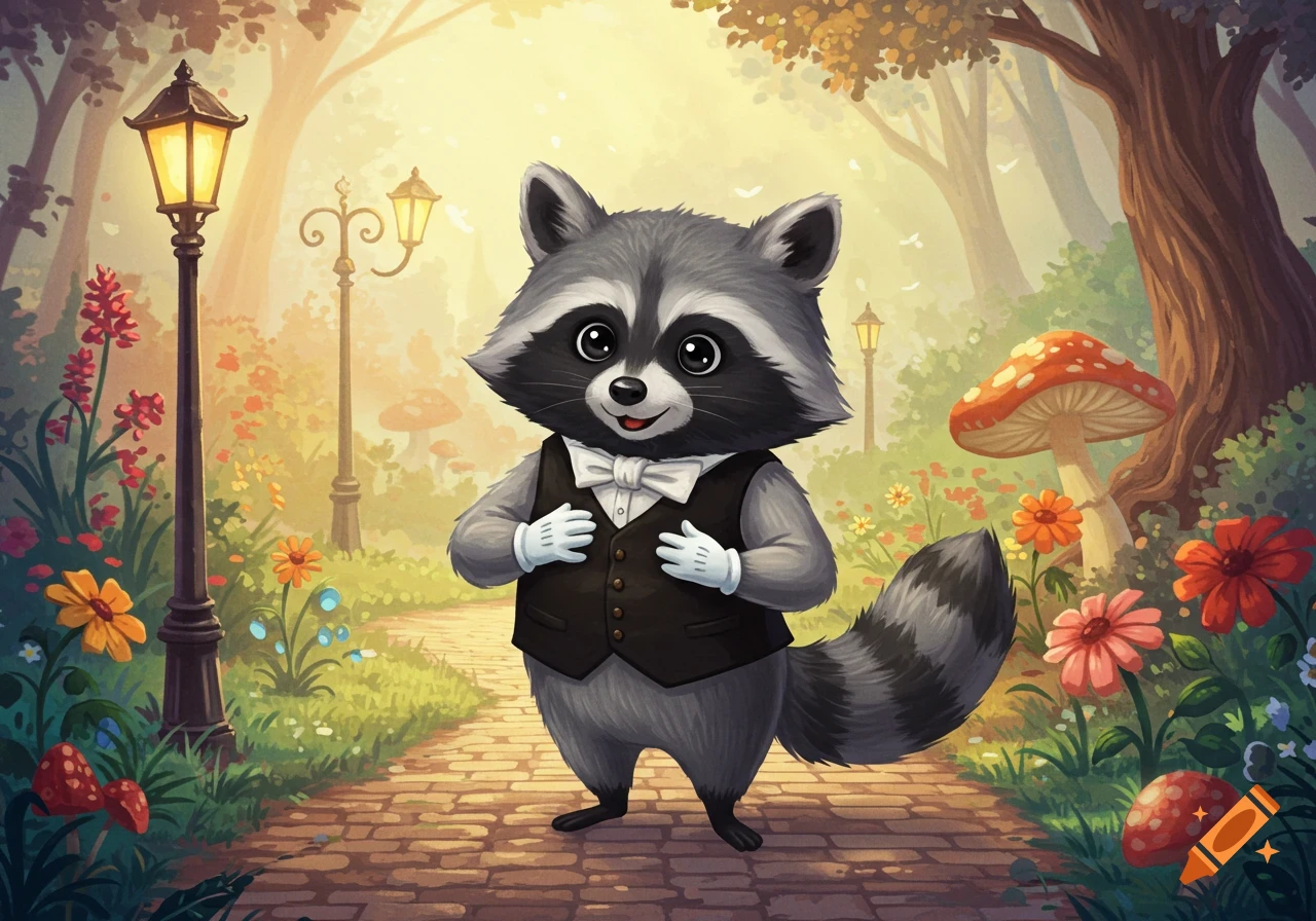 A grumpy cartoon badger with crossed arms stands in a forest of ferns ...