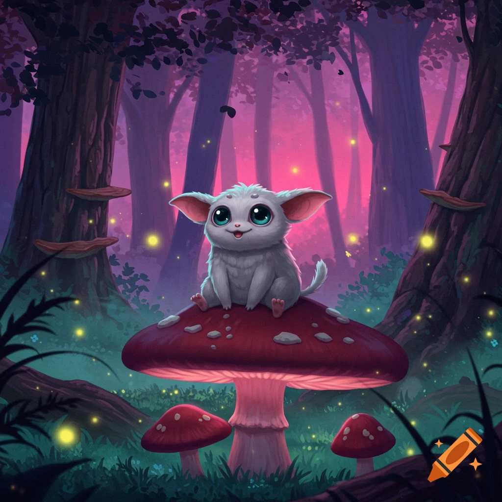 A cute, fluffy grey creature with big ears and small horns stands in a ...