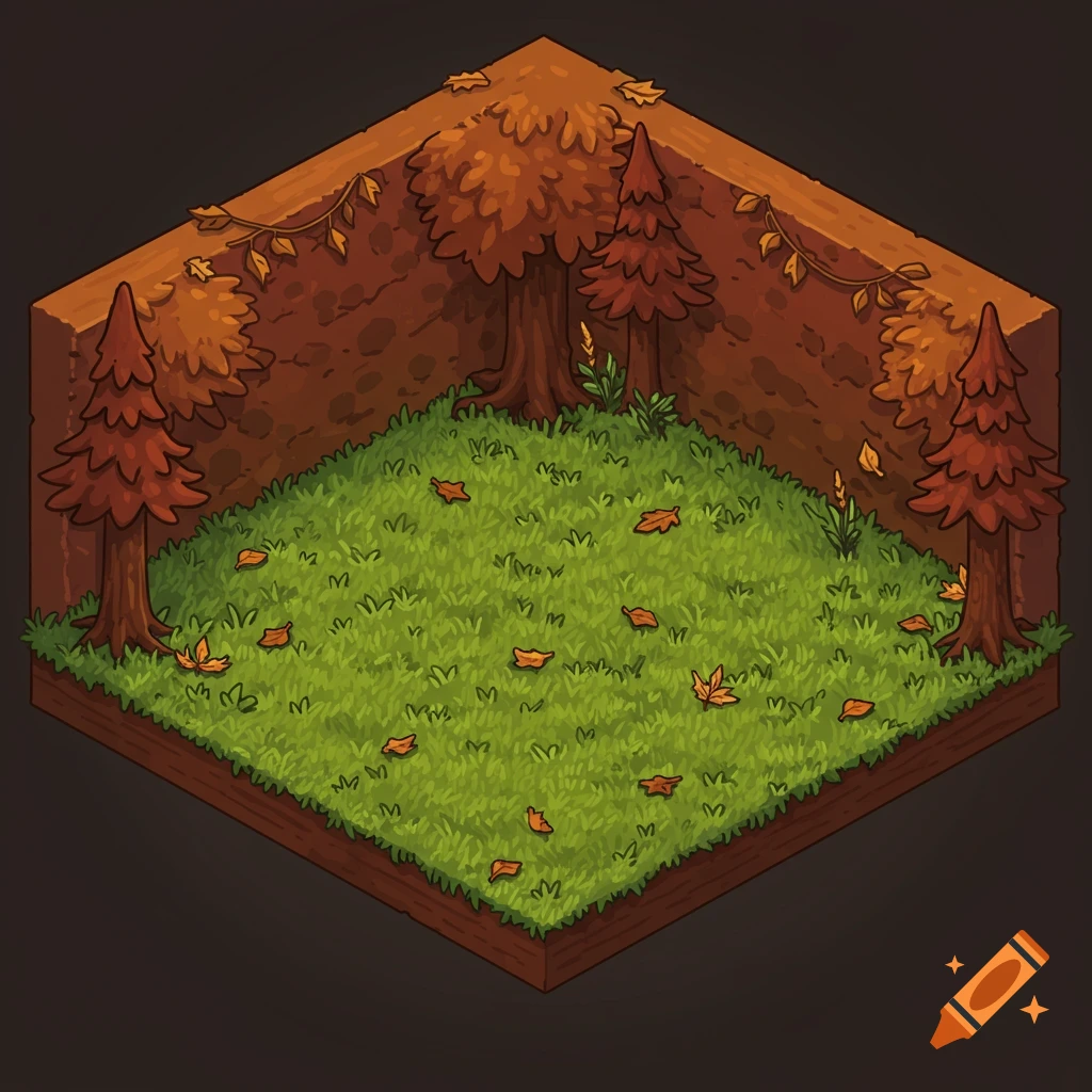Isometric pixel art tile of a forest floor with green grass, autumn ...