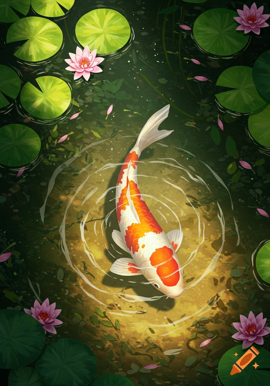An artistic overhead view of an orange and white koi fish swimming in a ...