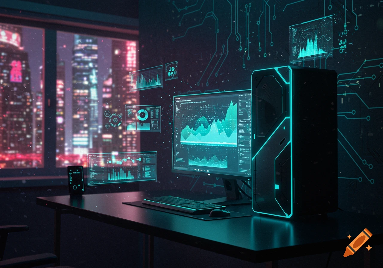 A modern computer setup with a glowing screen displaying futuristic blue data interfaces and ...