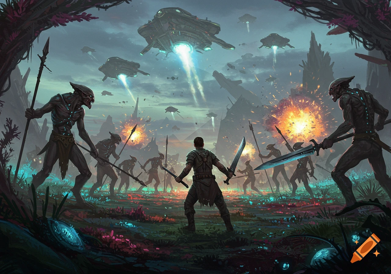 Human warrior battles aliens with swords and spears as spaceships land ...