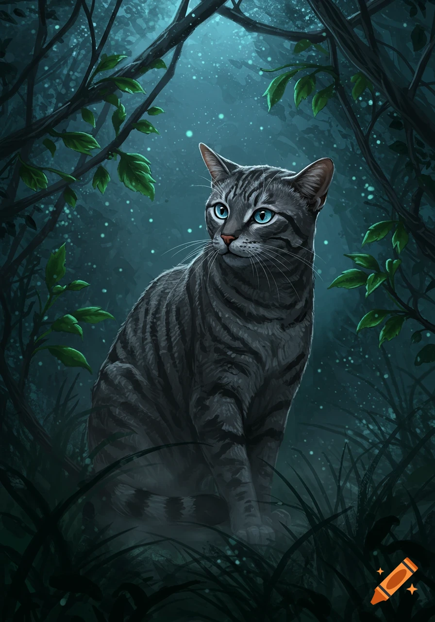 A black cat with bright orange eyes sits on a dark rock, surrounded by ...