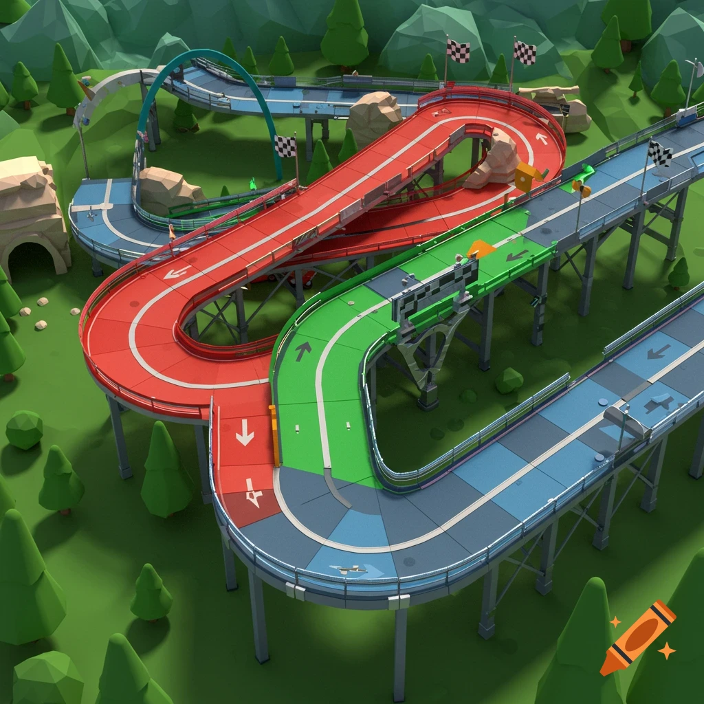 A cartoonish industrial race track with multiple karts racing on ...