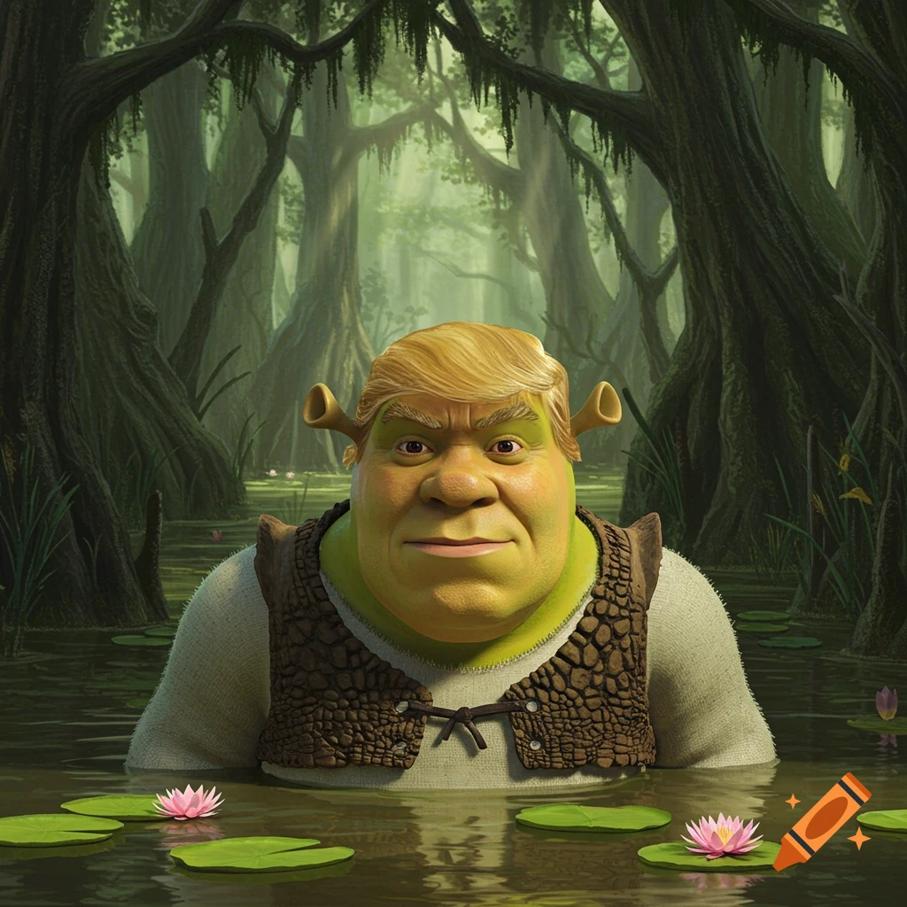 Shrek with blonde, Trump-like hair, submerged in a swamp with pink ...