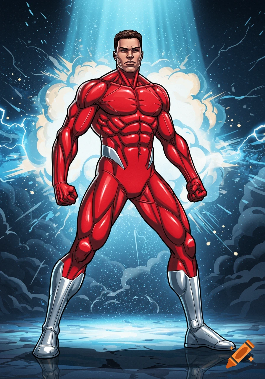 A comic art superhero in a blue suit with glowing lungs, visible ...