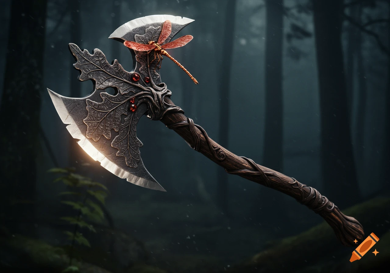 Ultra-realistic double-headed fantasy battle axe with intricate oak ...