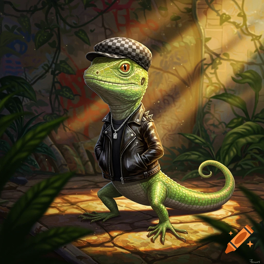 A cool green lizard wearing a black leather jacket, silver chain, and ...