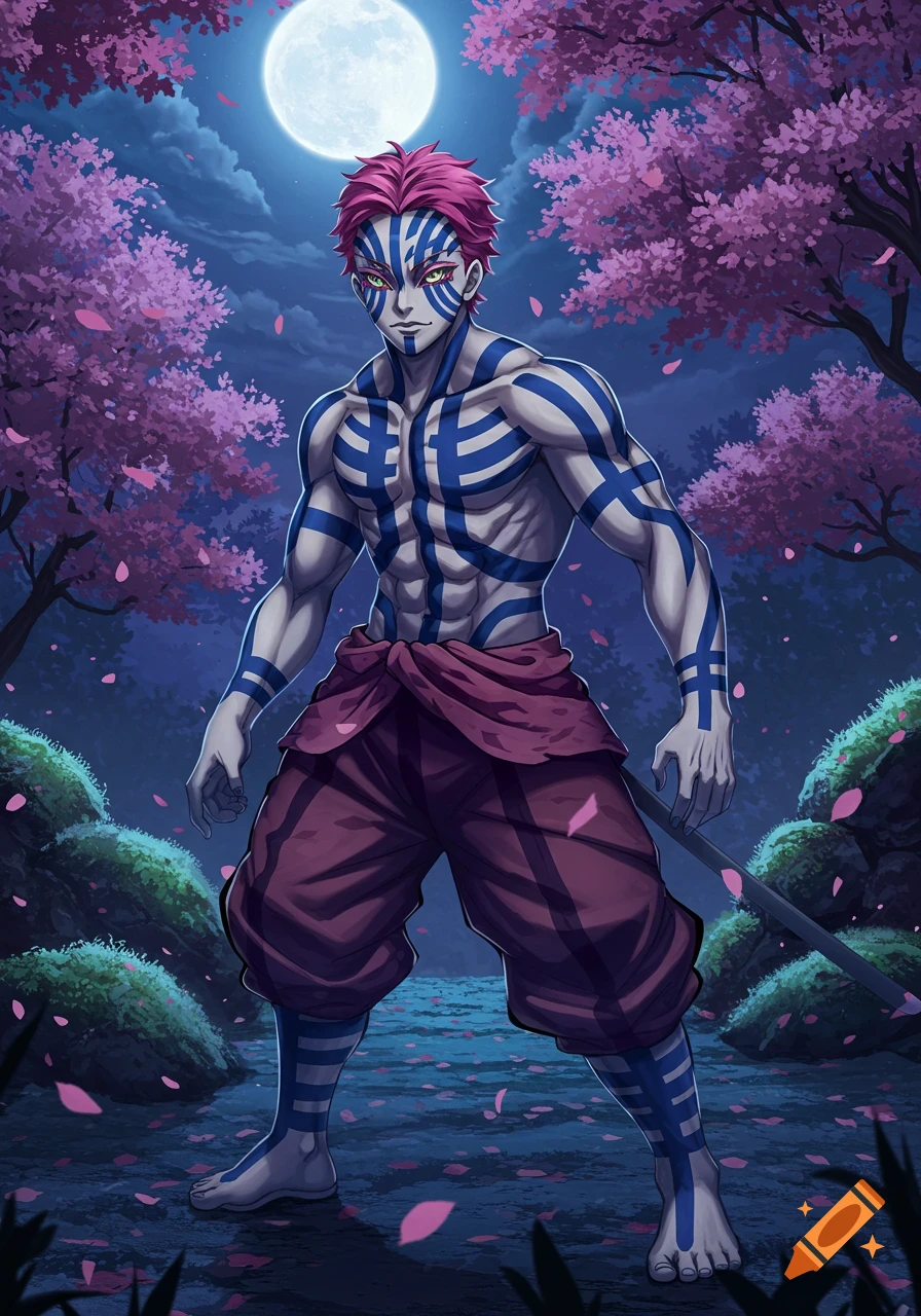 Anime woman with pink hair and patterned skin, surrounded by blue ...