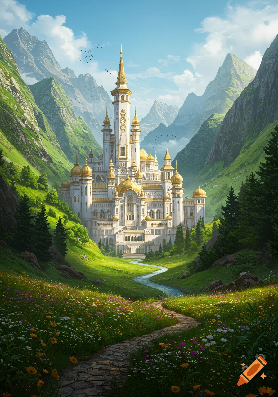 A grand, ornate Rococo castle stands in a lush, pixelated Minecraft ...