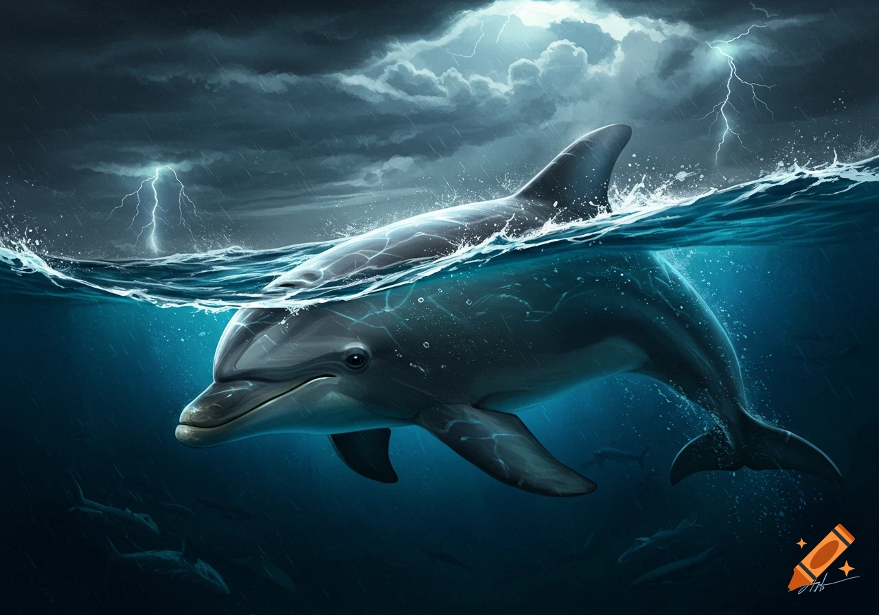 A dolphin swims through a stormy ocean, partially above and below the ...