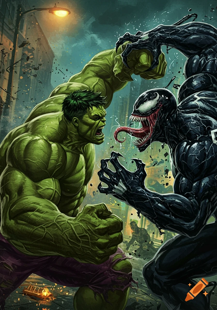 Muscular green Hulk roars, clashing with the fanged black Venom in a ...