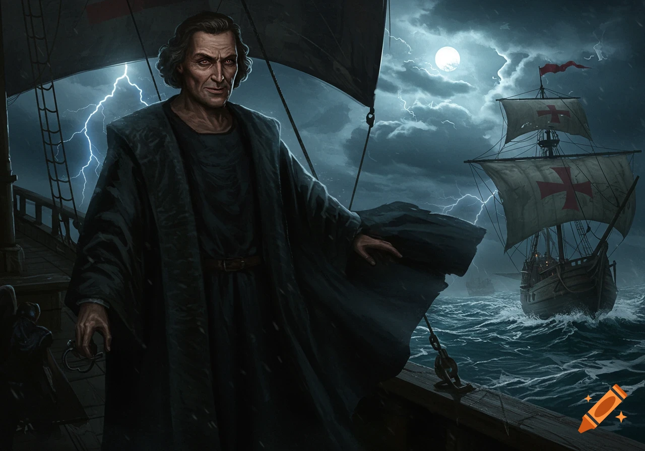 A stern, dark-robed man stands on a ship in a stormy sea with lightning ...
