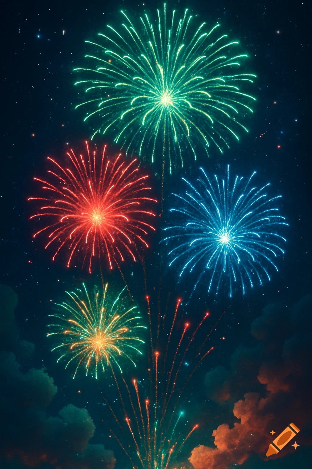 Vibrant red, blue, pink, and gold anime fireworks burst across a dark ...