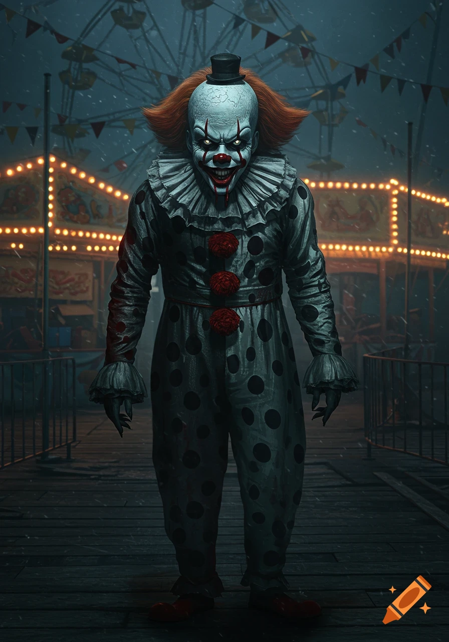 A terrifying clown with orange hair, white face paint, sharp teeth, and ...