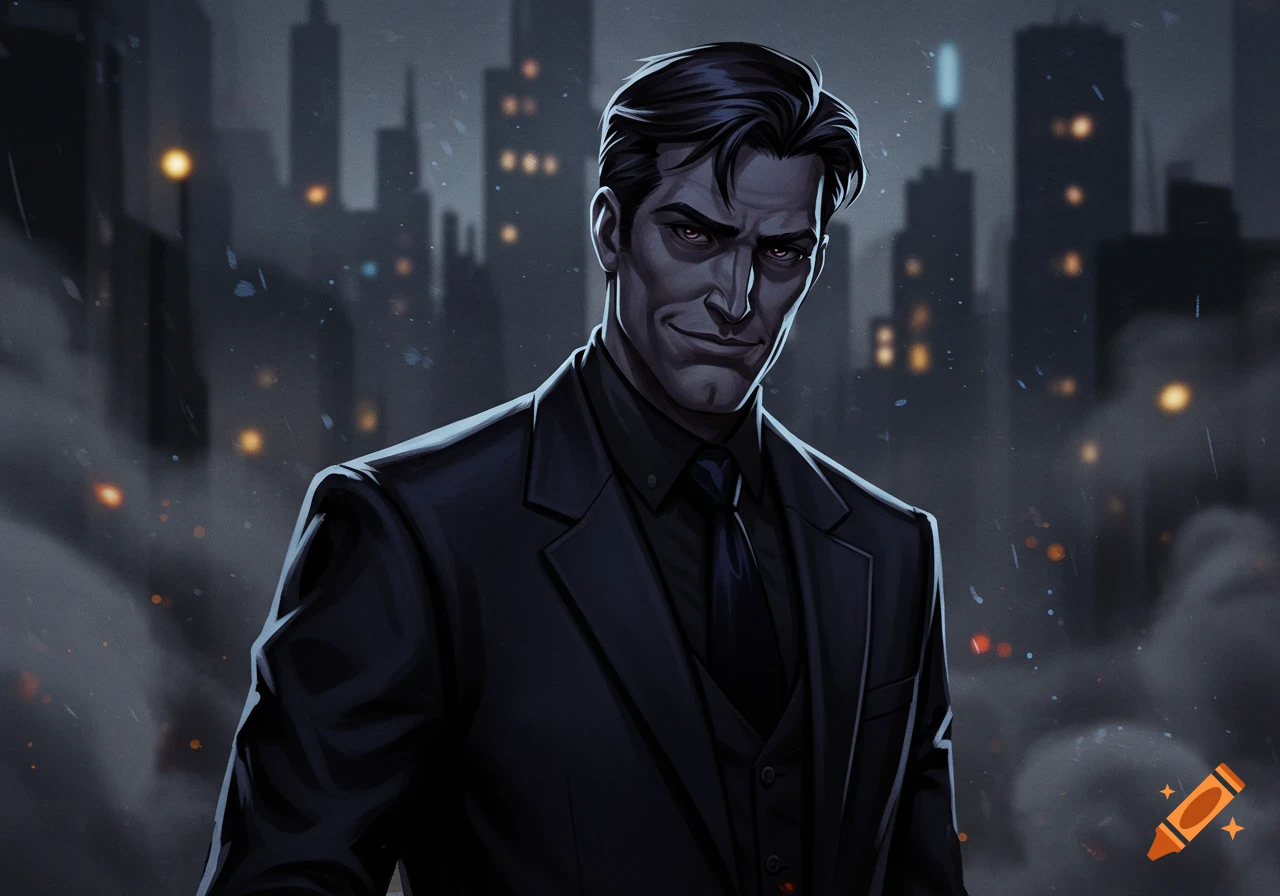 A bearded man in a suit with a serious expression raises his left hand ...