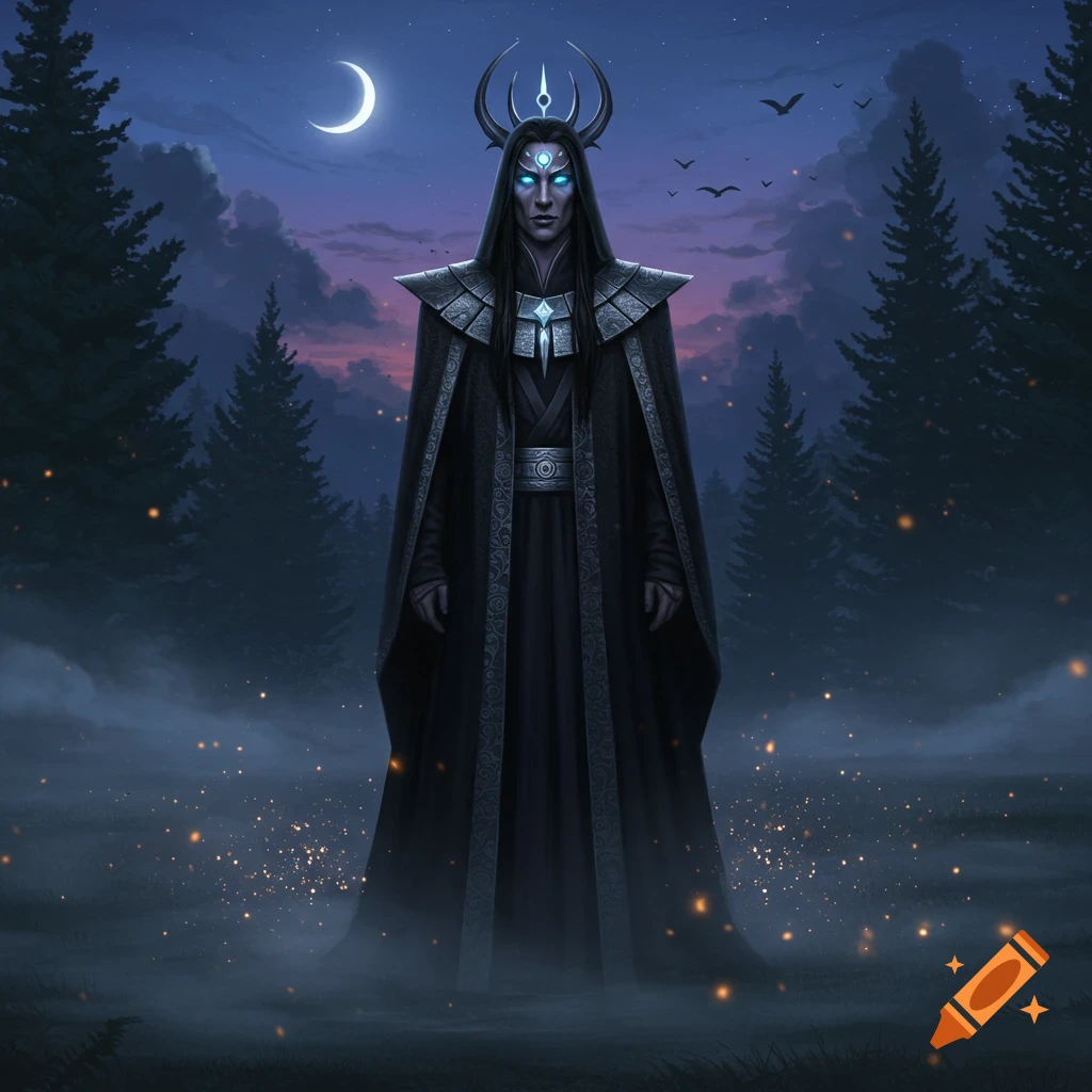 A somber, cloaked figure stands in a dark, moonlit forest, depicted as ...