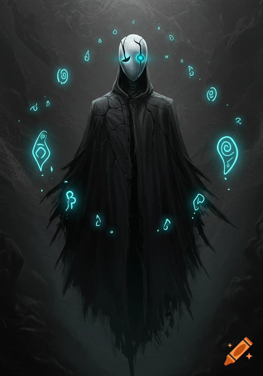 A hooded figure in dark purple robes with glowing patterns, four blue ...