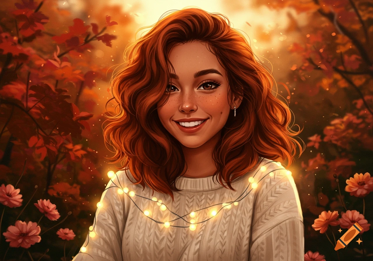A stylized digital art portrait of a woman with long red curly hair ...