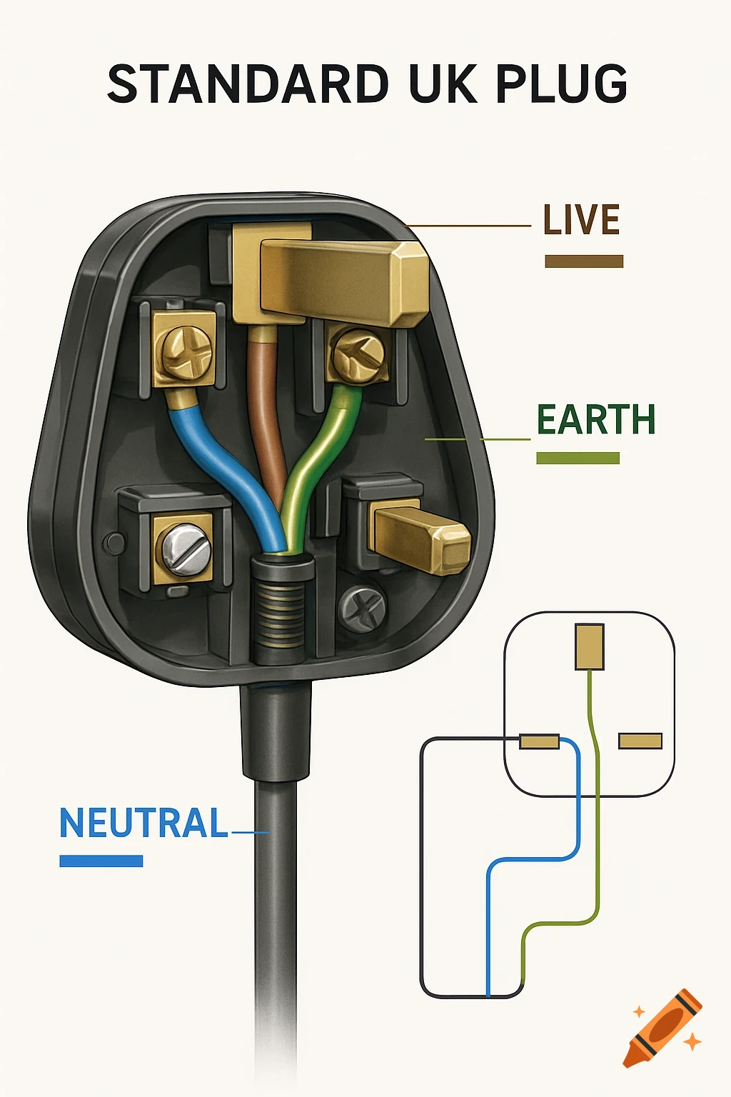 Instructional diagram showing how to wire a UK plug, connecting earth ...