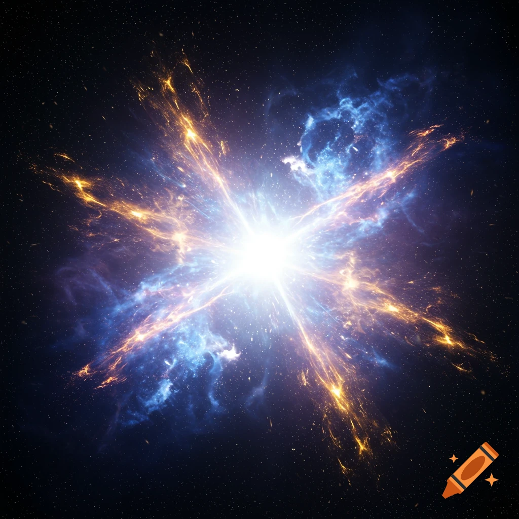 A vibrant cosmic explosion in deep space with glowing plasma and debris ...