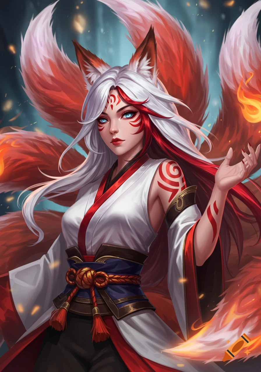 An anime-style Kitsune character with white and red hair, blue eyes ...