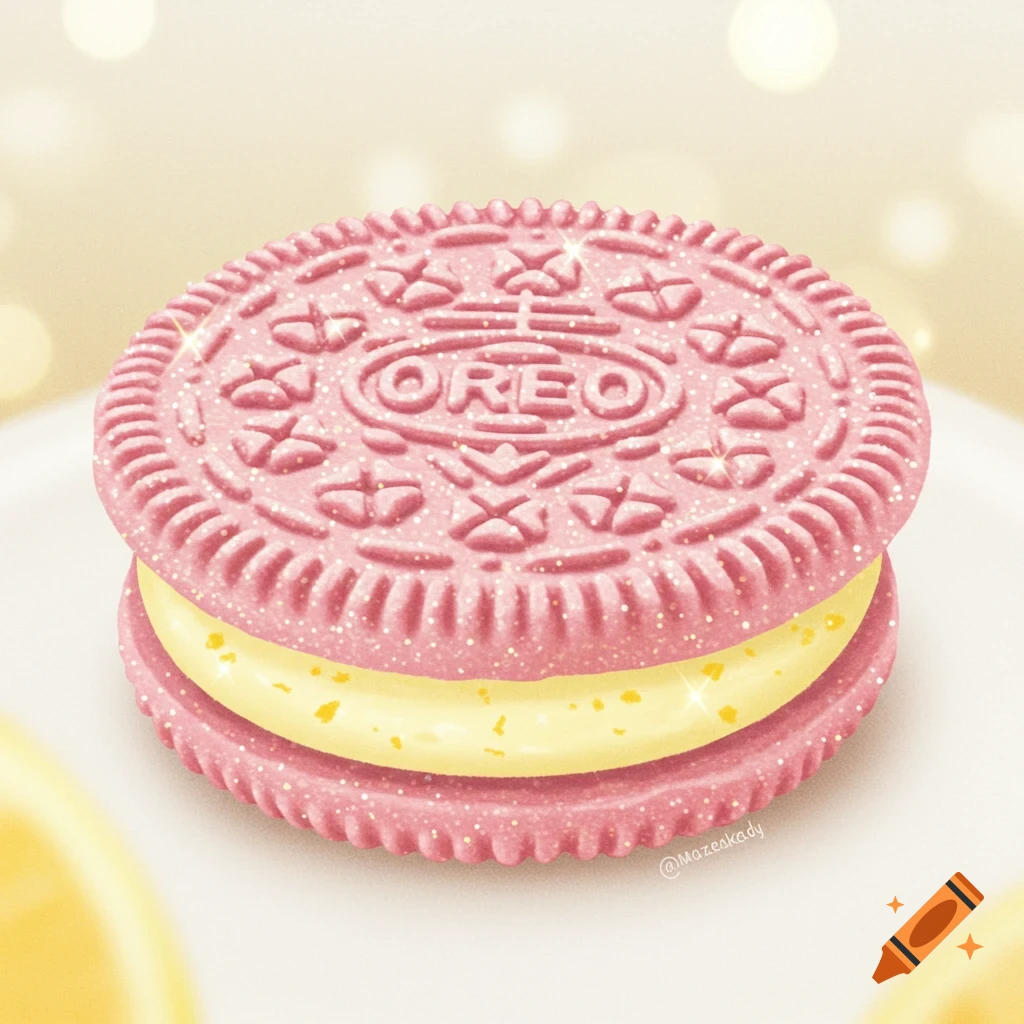 A close-up of a pink glittery Oreo cookie with bright yellow lemon ...
