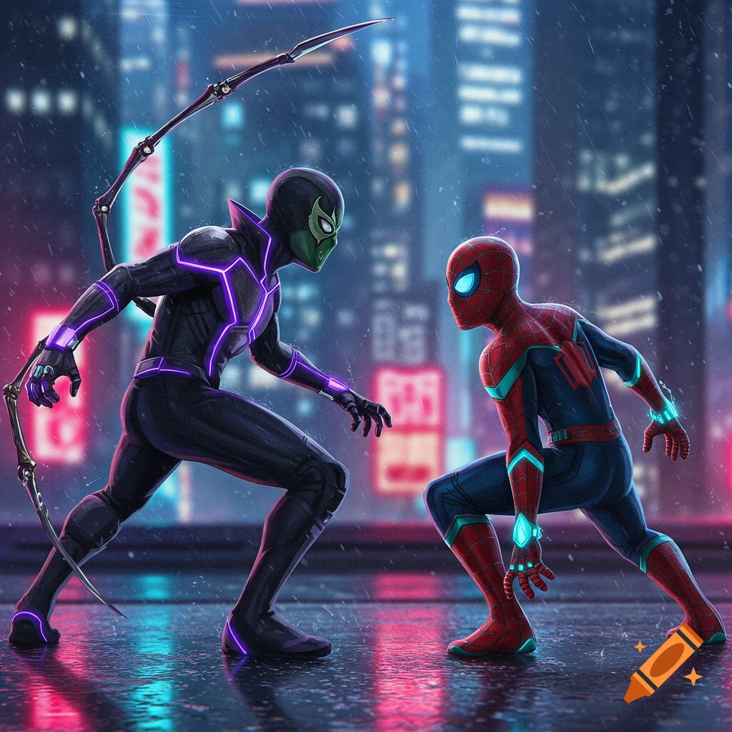 Prowler and Spider-Man face off in a rainy, neon-lit city at night ...