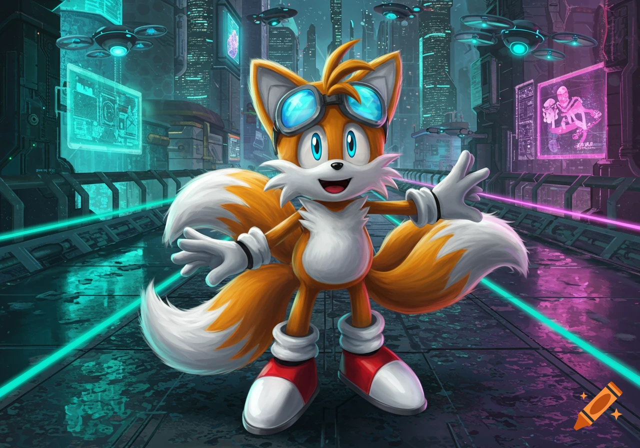 Tails from Sonic the Hedgehog rollerblades down a futuristic city ...