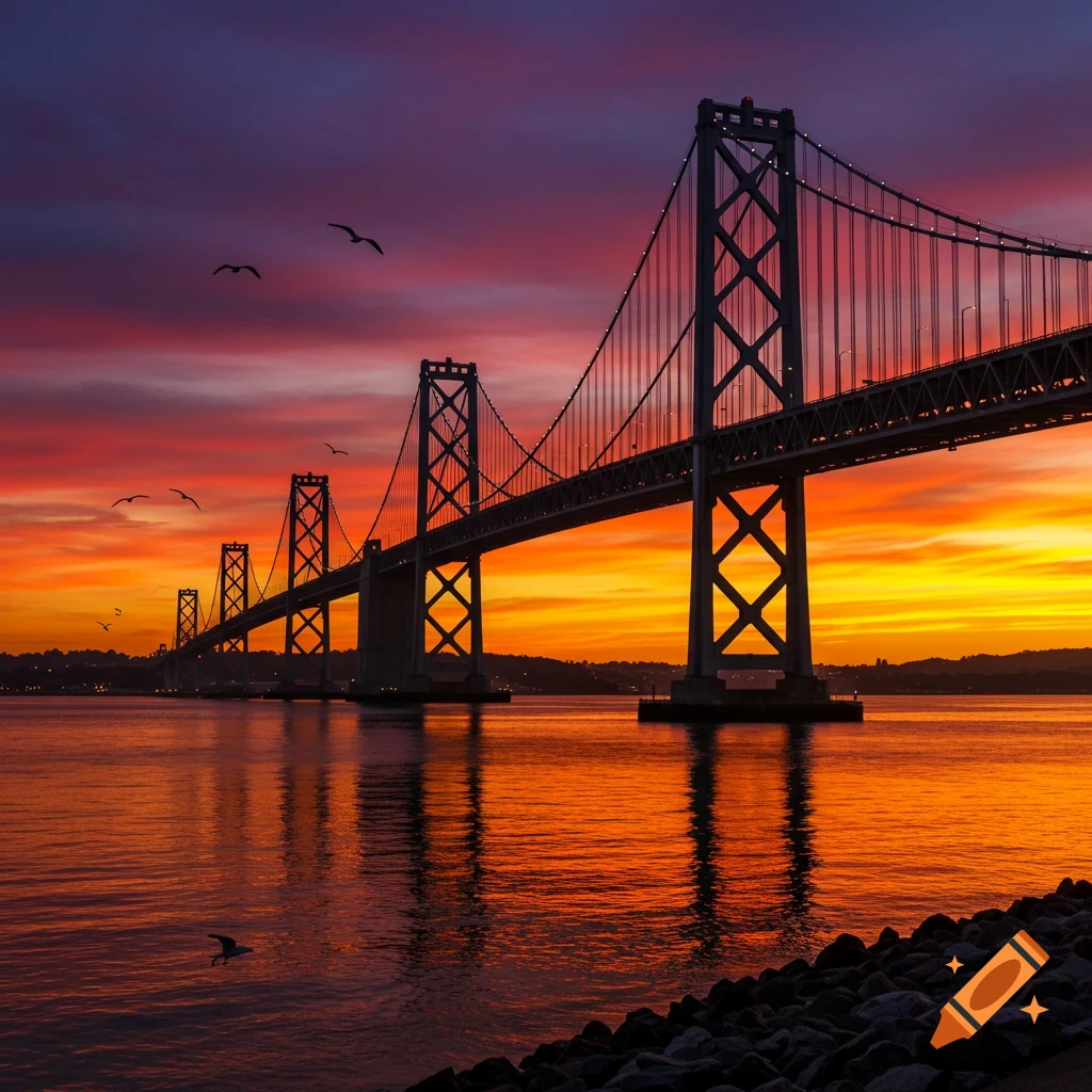 A green suspension bridge spans misty water with white sailboats during ...
