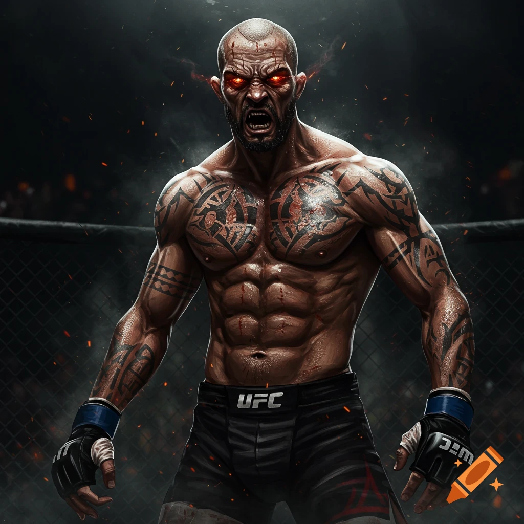 Muscular, tattooed MMA fighter with glowing red eyes, screaming in a ...