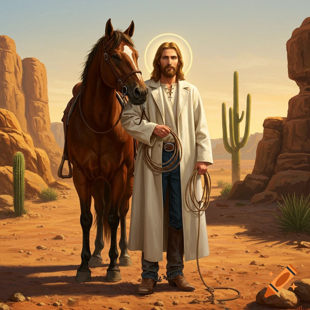 Cowboy Jesus with a halo stands next to a saddled horse, holding a ...