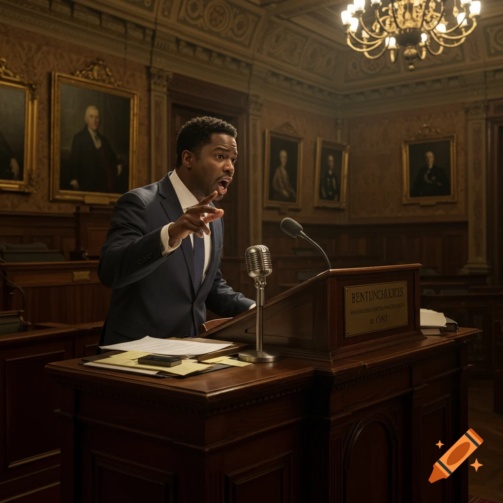 A man in a suit shouts and points from behind a wooden lectern in a ...