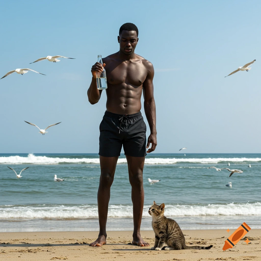 A Black man in a light blue bikini and sunglasses sunbathes on a peach ...