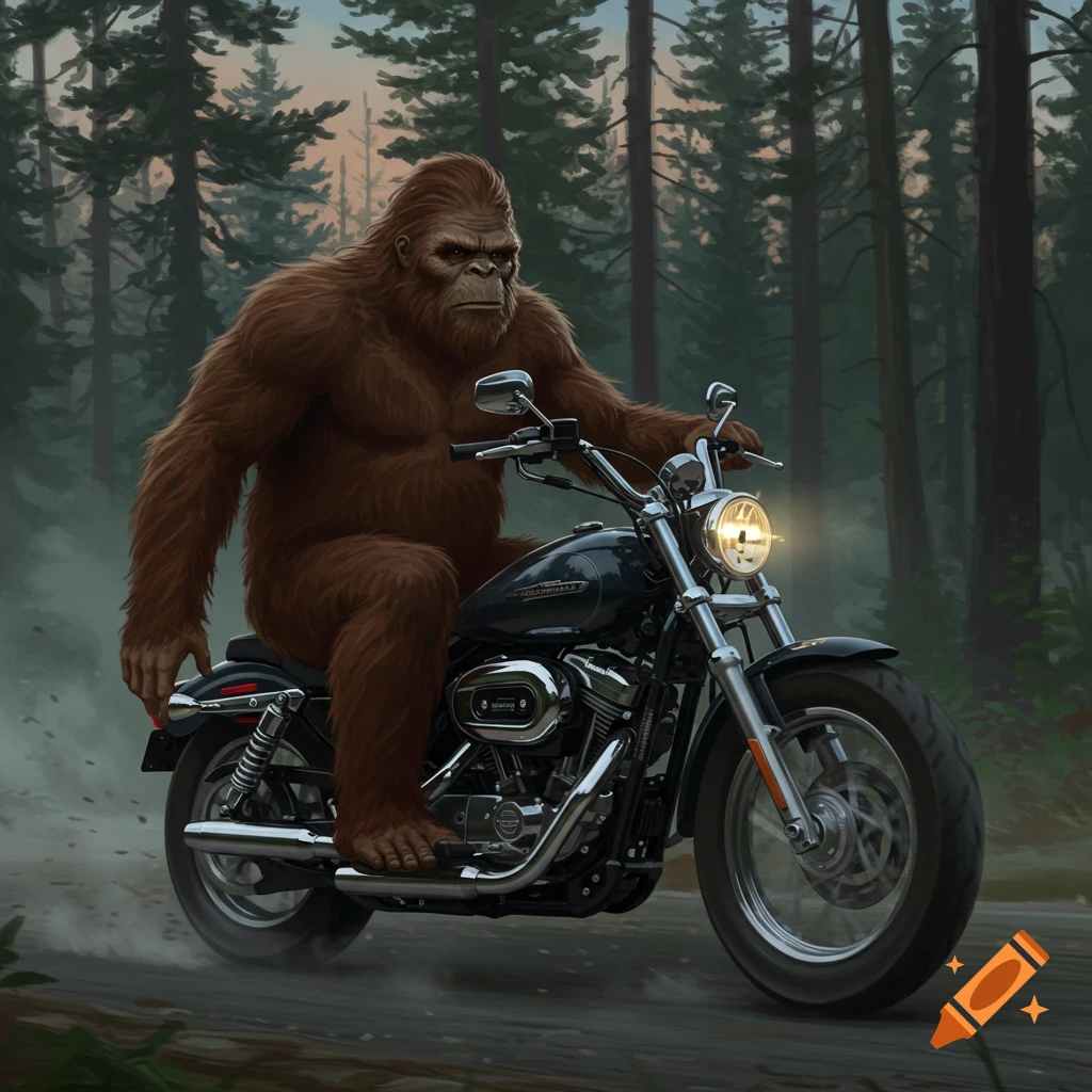 A large, hairy Sasquatch rides a black motorcycle down a dirt path ...