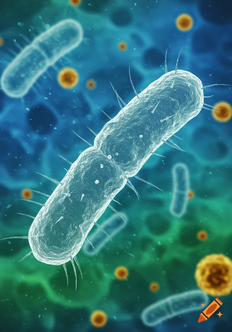 Microscopic view of light blue rod-shaped bacteria with hairy ...