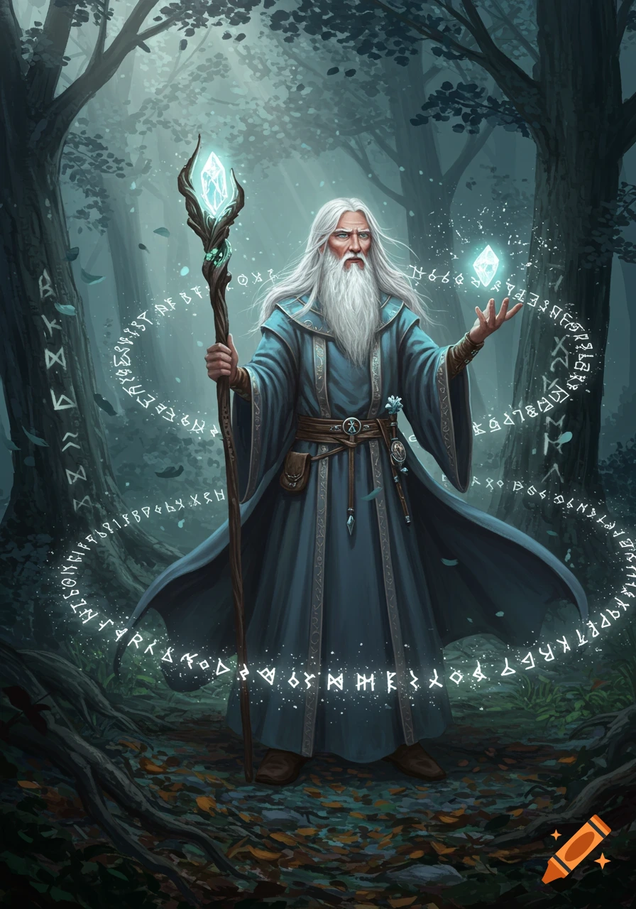 A gnome-like wizard resembling Gandalf, holding a staff and conjuring ...