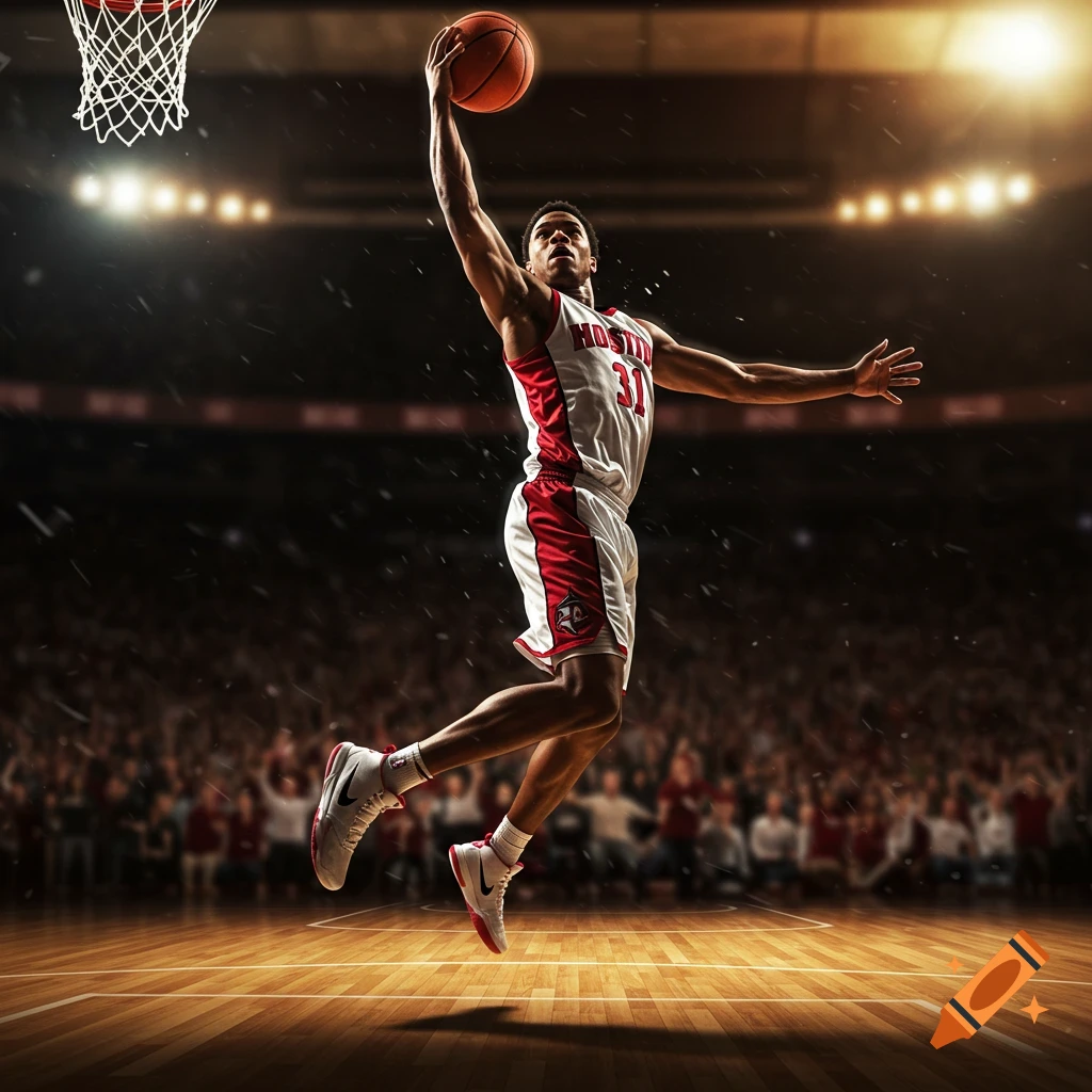 A photorealistic image of a male basketball player dunking in a packed ...