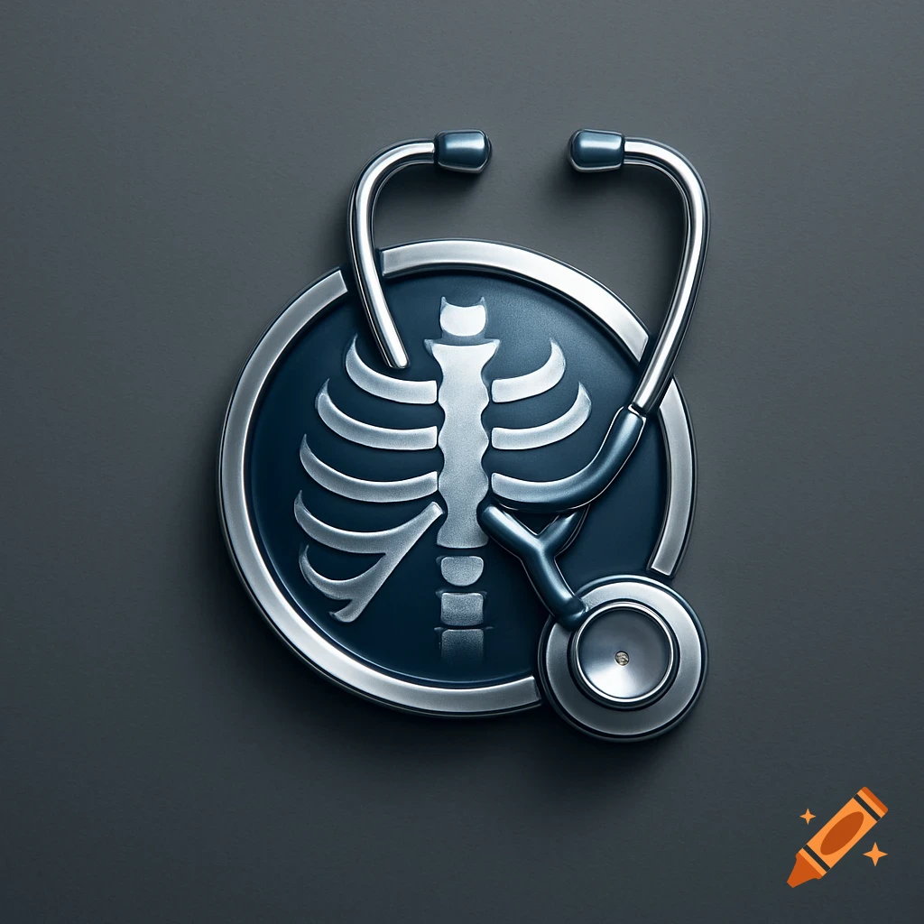 Shiny metallic medical logo featuring a stylized skeleton ribcage and a ...
