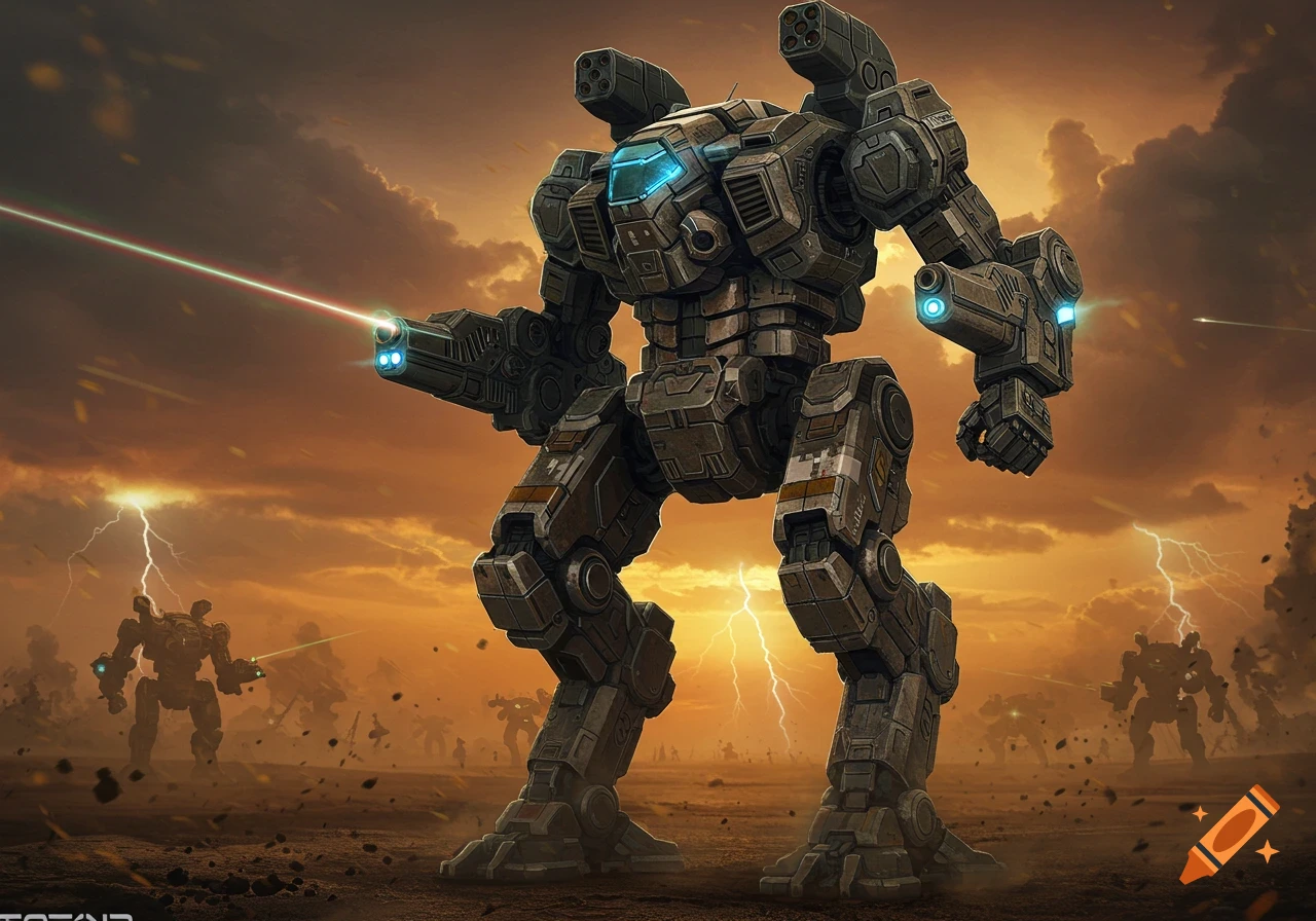 A large combat mech fires a laser across a stormy, orange battlefield ...