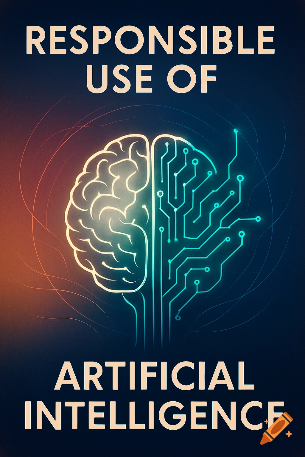 A poster showing a stylized brain, half organic, half circuit board. Text reads 'RESPONSIBLE USE ...