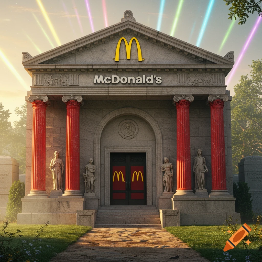 A spooky, dark McDonald's restaurant in a forest with a shadowy ...