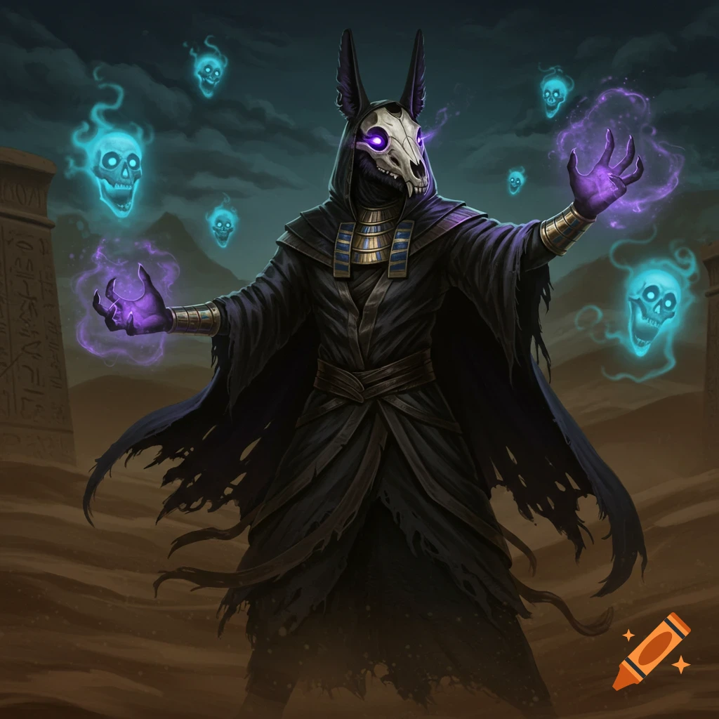 A dark fantasy artwork of an Anubis-like necromancer demigod in black ...
