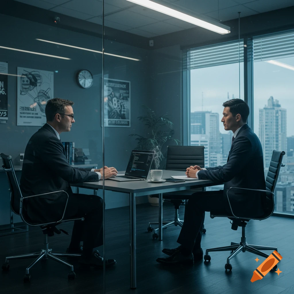 Two men in suits conducting an interview at a glass desk in a modern ...