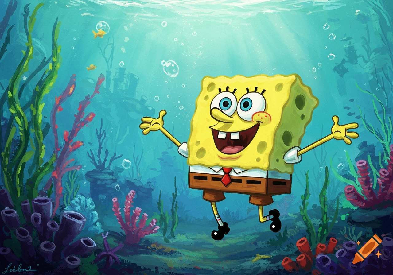 Spongebob Squarepants smiling widely in a vibrant underwater scene with ...