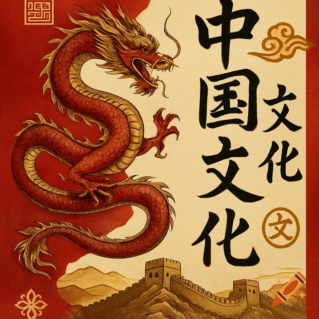 A colorful line drawing of an orange Asian dragon rising amidst blue ...