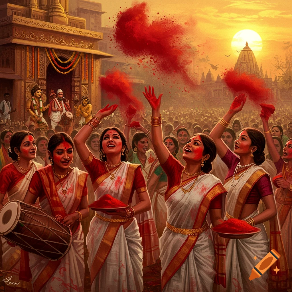 Indian women in white and red sarees celebrate a festival by throwing ...