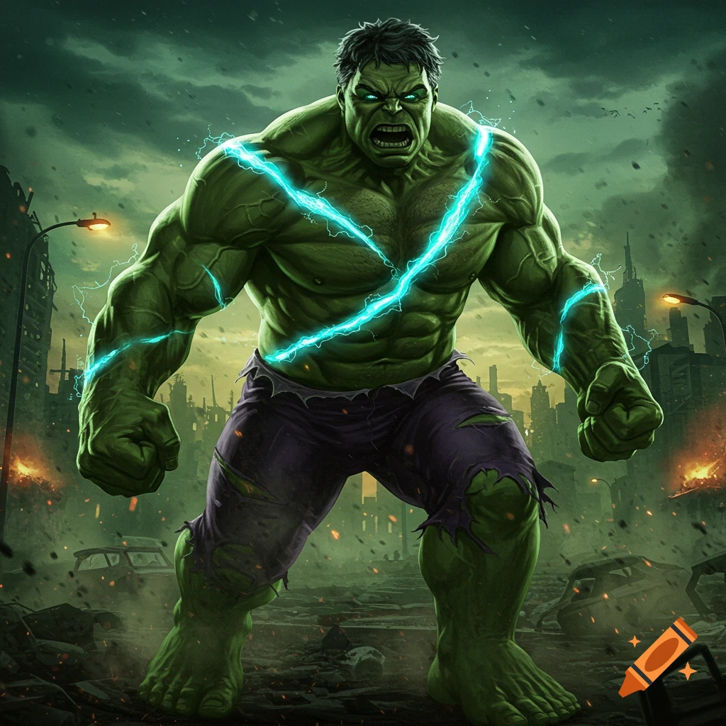 A muscular green Hulk roars amidst a collapsing city, depicted in a ...