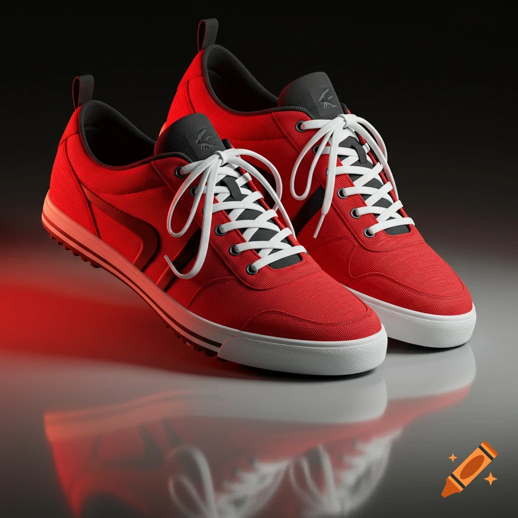 A close-up, photorealistic view of a red and black athletic shoe with ...